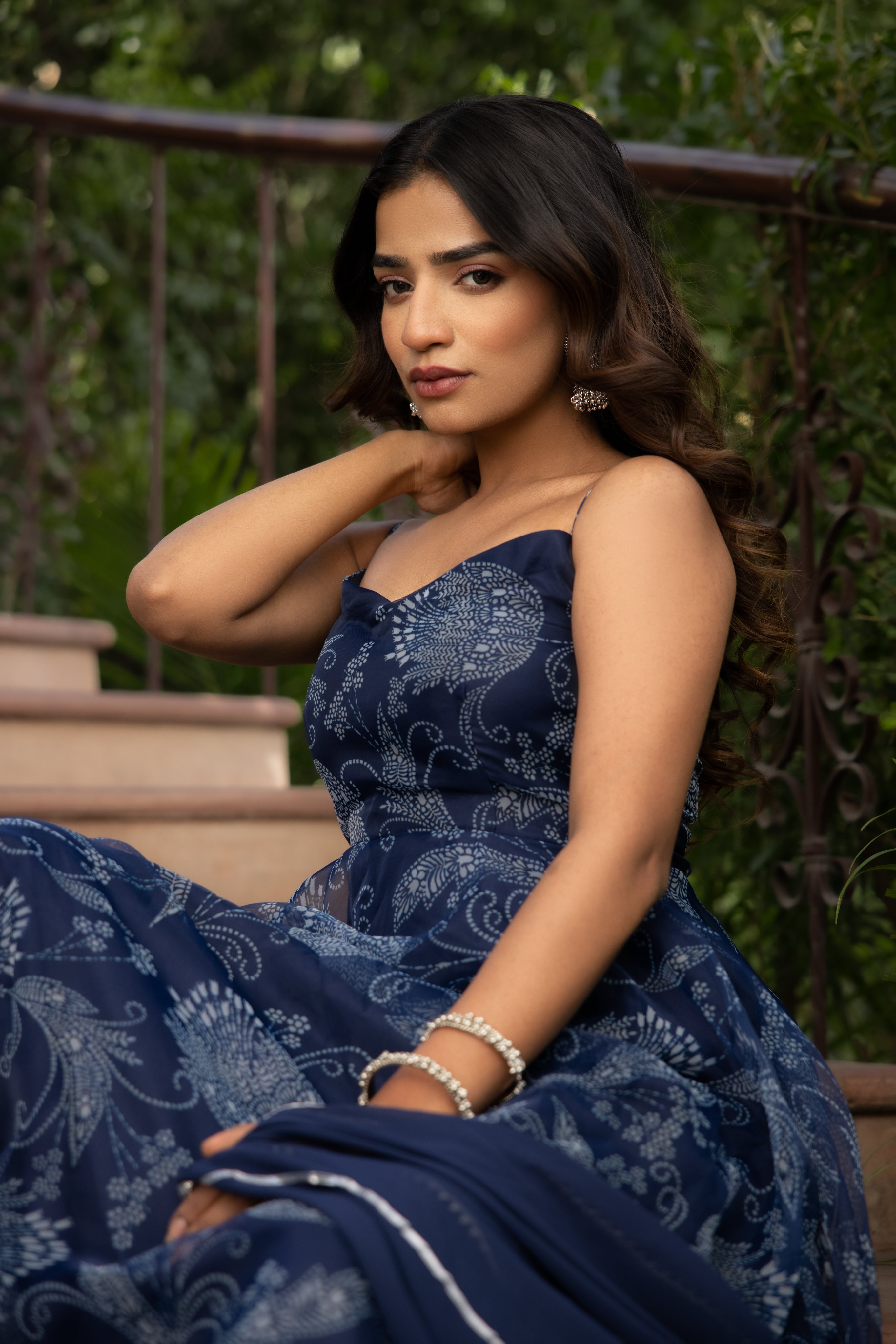 SARAH NAVY BLUE FLORAL PRINT ORGANZA ANARKALI SET – Deasha India
